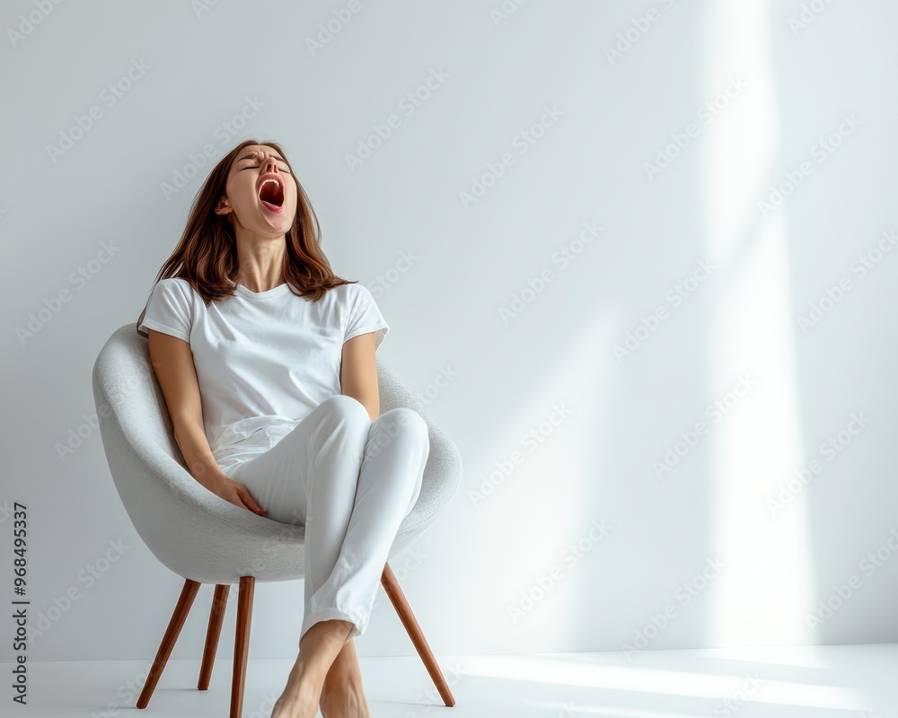 Woman yawning while sitting on a minimalist chair, pure white ...