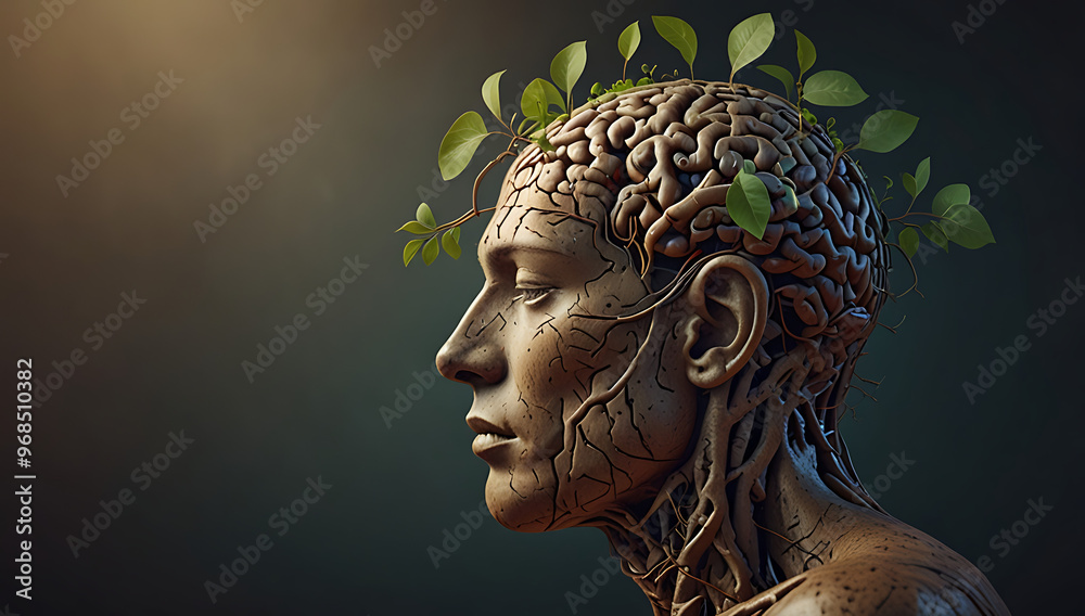 A creative representation of mental health as a brain with roots ...