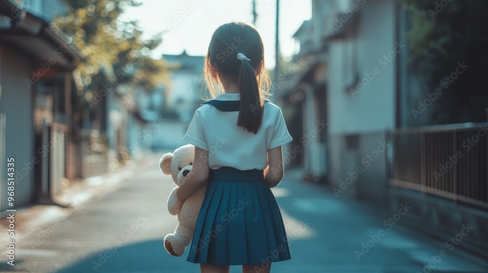 A heart-wrenching moment as a little girl in a school uniform clutches ...