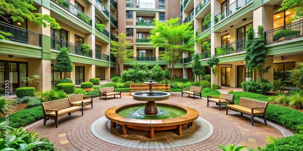 courtyard design, recreation area, relaxation spot, A vibrant green ...