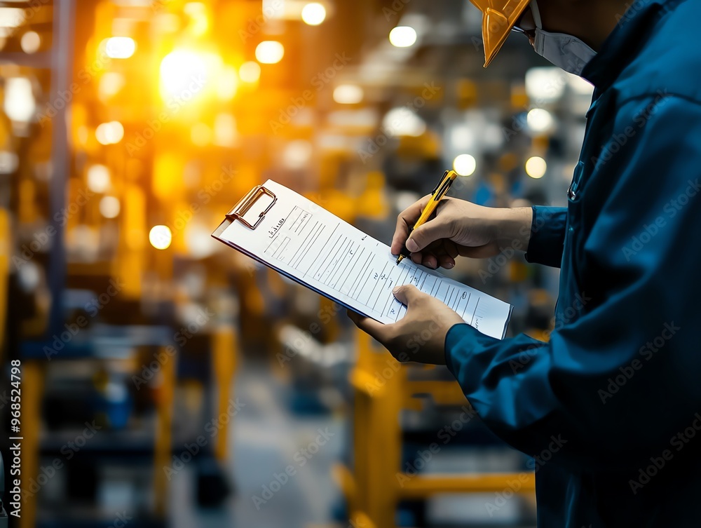 Engineer holding a checklist and marking products on an assembly line ...