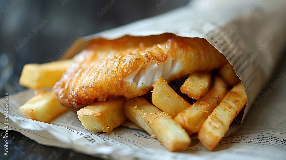 Crispy fish and chips wrapped in newspaper, no shadows The fish and ...