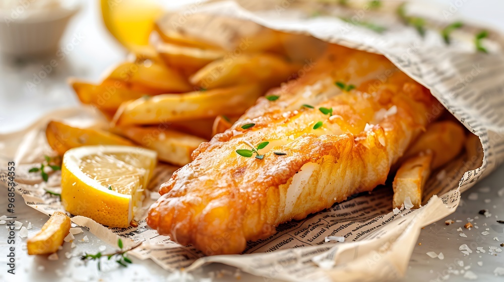 Crispy fish and chips wrapped in newspaper, no shadows The fish and ...