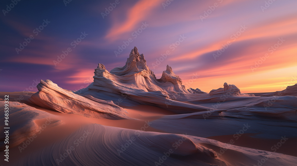 Striking eroded sandstone formations shaped by wind and time, bathed in the warm glow of a ...
