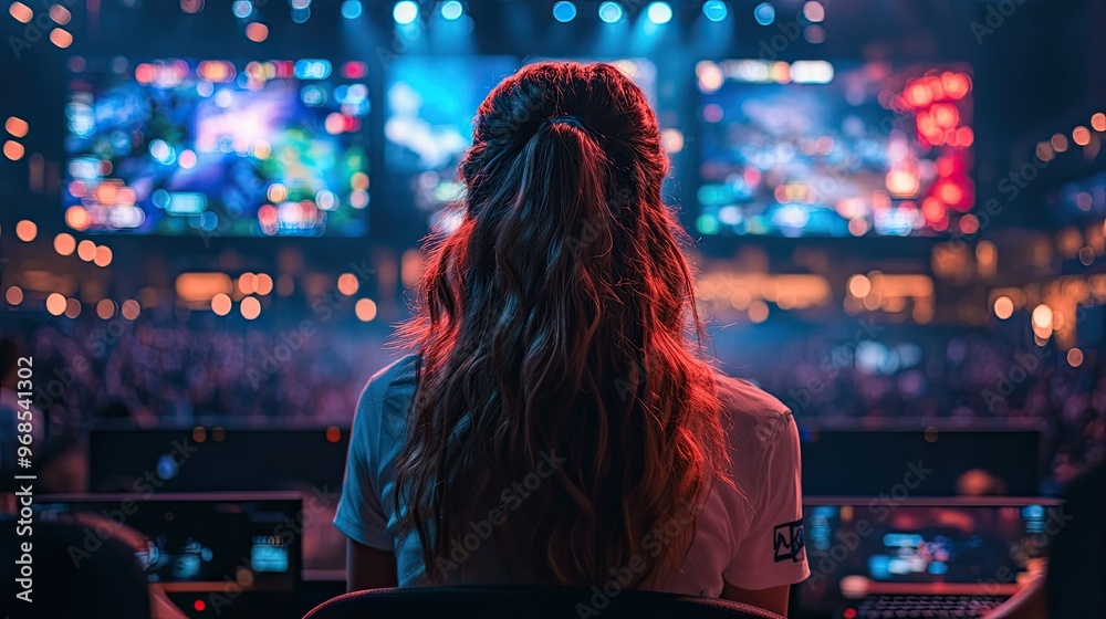 3. A detailed shot of a competitive esports arena filled with cheering ...