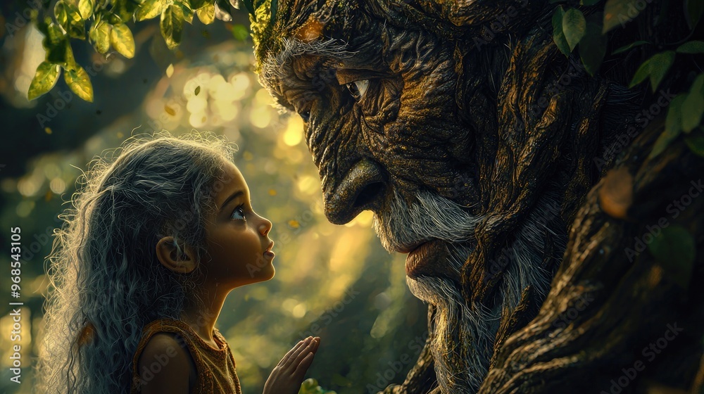 little girl with dark skin and white hair is talking to an old tree man ...