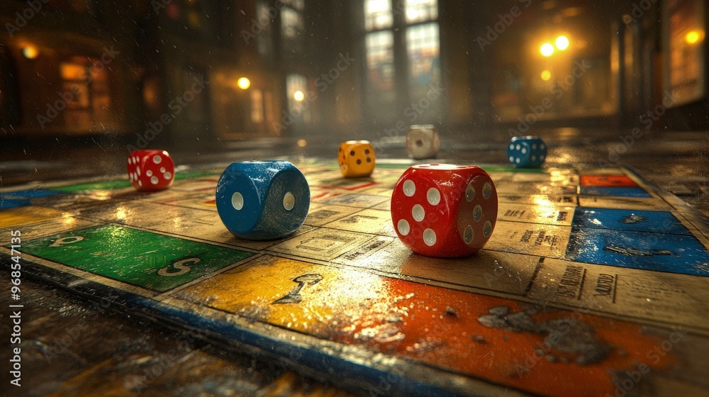 Monopoly board, dice and money scattered, player tokens in the middle ...