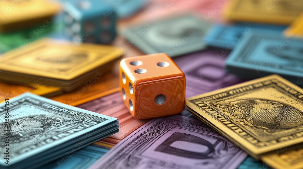 Monopoly board, dice and money scattered, player tokens in the middle ...