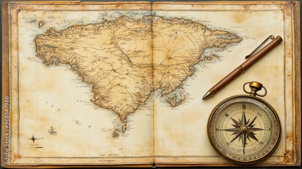 Open map, laid on a table, compass and pen beside, natural daylight ...