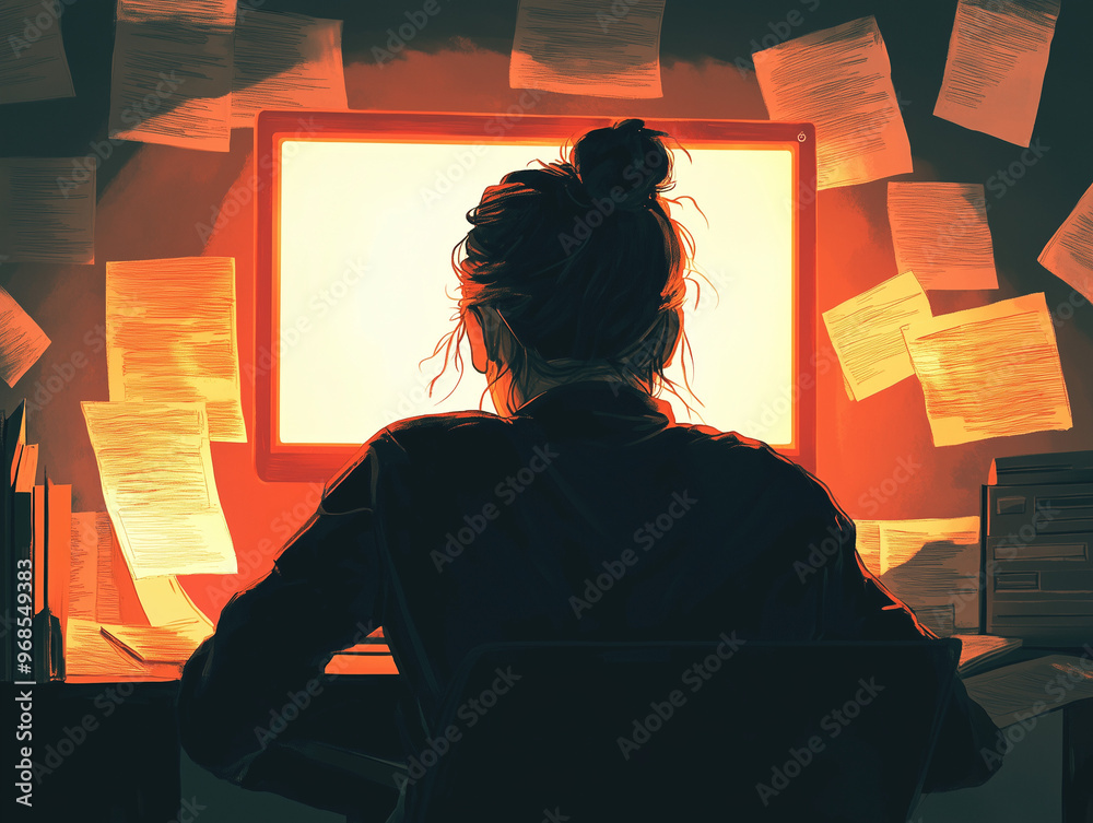 An illustration of a person staring at a glowing computer screen ...