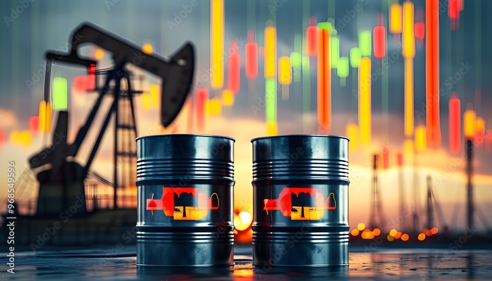 Oil Stocks Illustrated with Barrels and Stock Market Graph against an ...