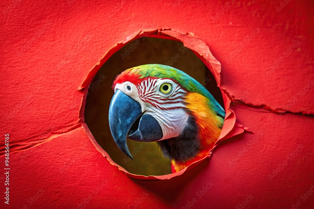 advertisements, A photograph of a vibrant parrot peeking through a hole ...