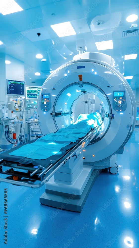 Show advanced imaging equipment like MRI or CT scans in use emphasizing ...