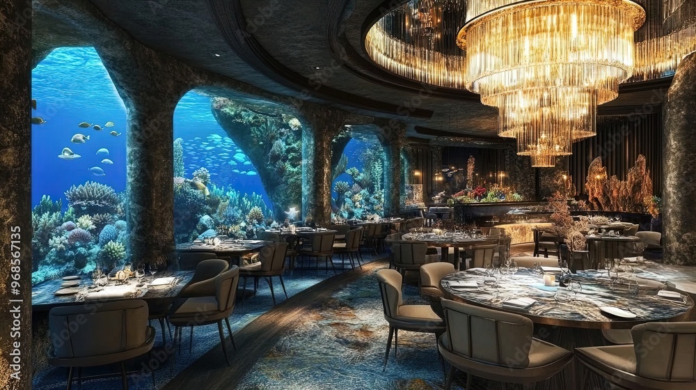 Underwater Paradise: Elegant Restaurant Décor with Plush Seating and ...