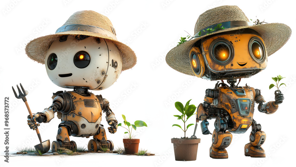 Farming robot with straw hat planting in pot, futuristic agricultural ...