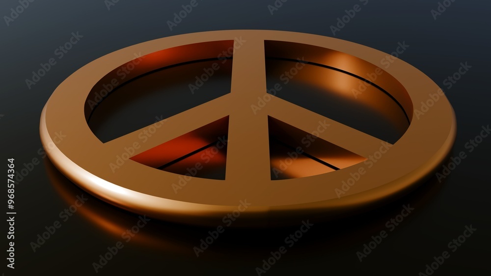 A 3D rendering of scattered gold peace symbol. it is a widely ...