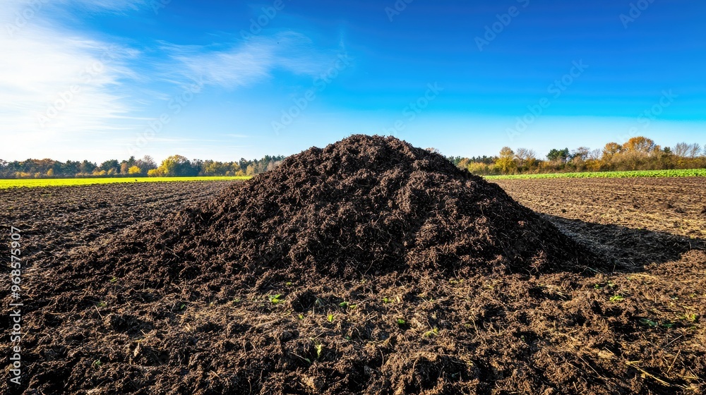 Fertile manure pile on a farm field, waiting to be spread for crop ...