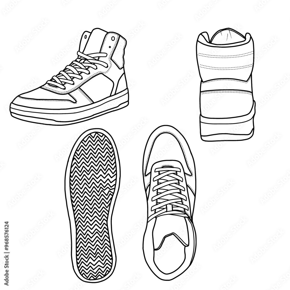 Template vector drawing of high-top sneakers slip-on line art. Outline ...