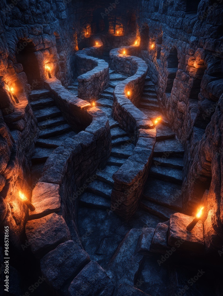 underground stone maze with flickering torches lighting the way through ...