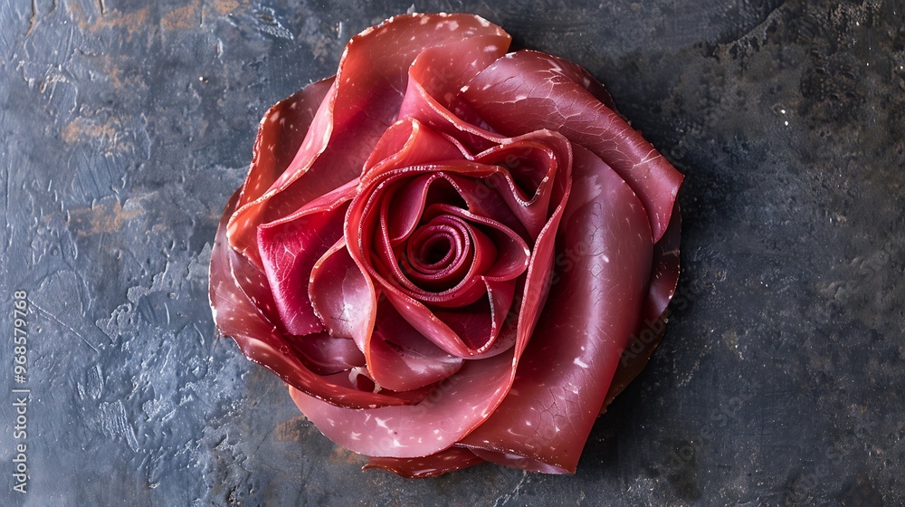 Top view of meat rose for a charcuterie board made from slices of ...