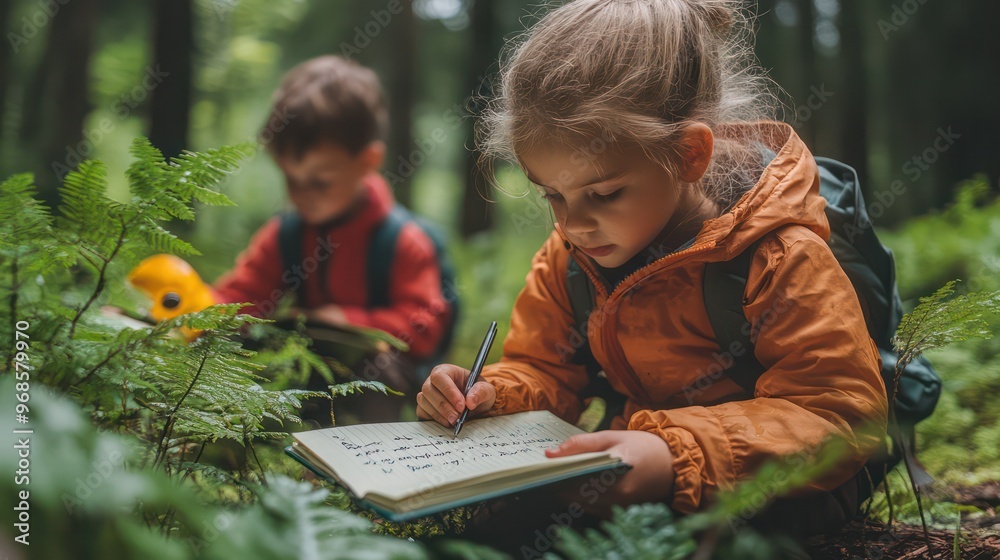 Kids journaling about their experiences in the forest, writing about ...