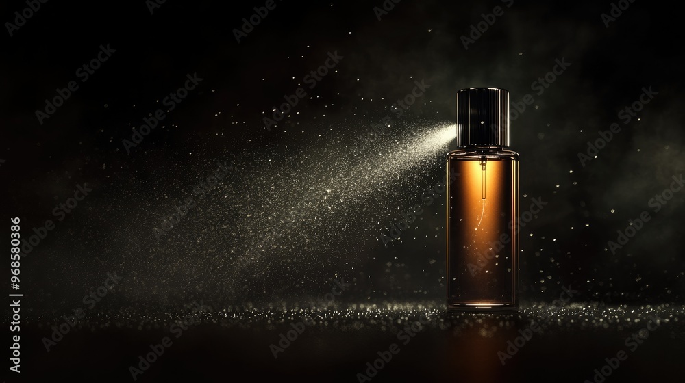 Perfume spray bottle releasing a fine mist in a dark, moody setting ...