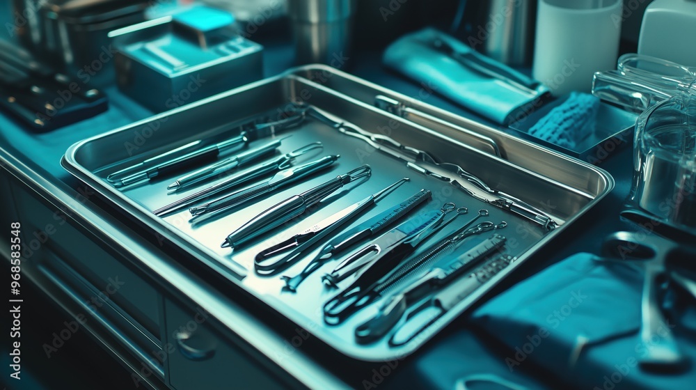 Surgical instruments on tray in operating room. Surgical instruments ...