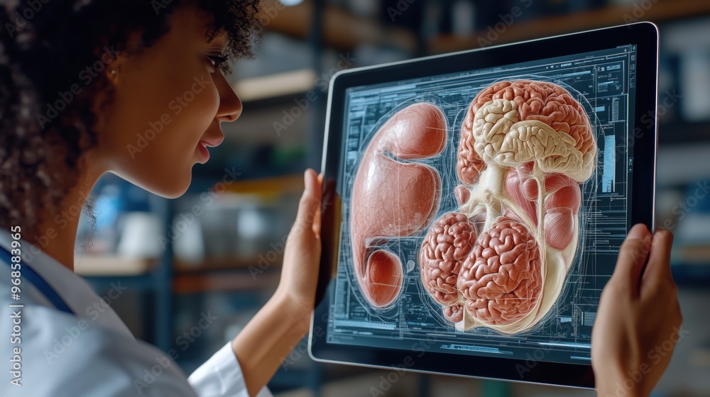 Healthcare professional examining a 3D anatomical image of human organs ...