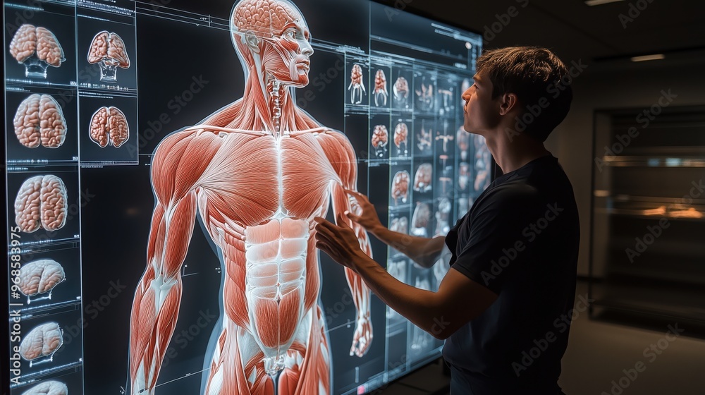 Student interacts with a large digital display of the human muscular ...