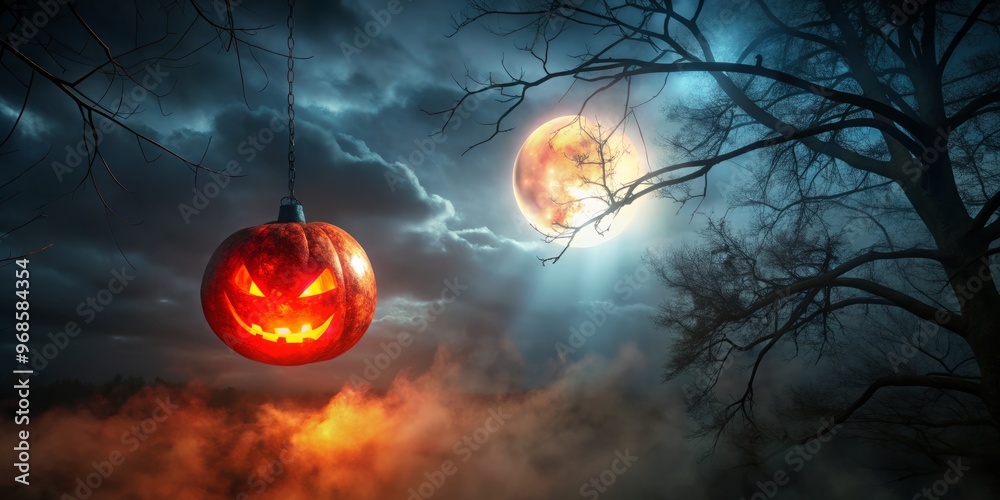 A red orb glows ominously in the dark Halloween sky, its eerie light ...