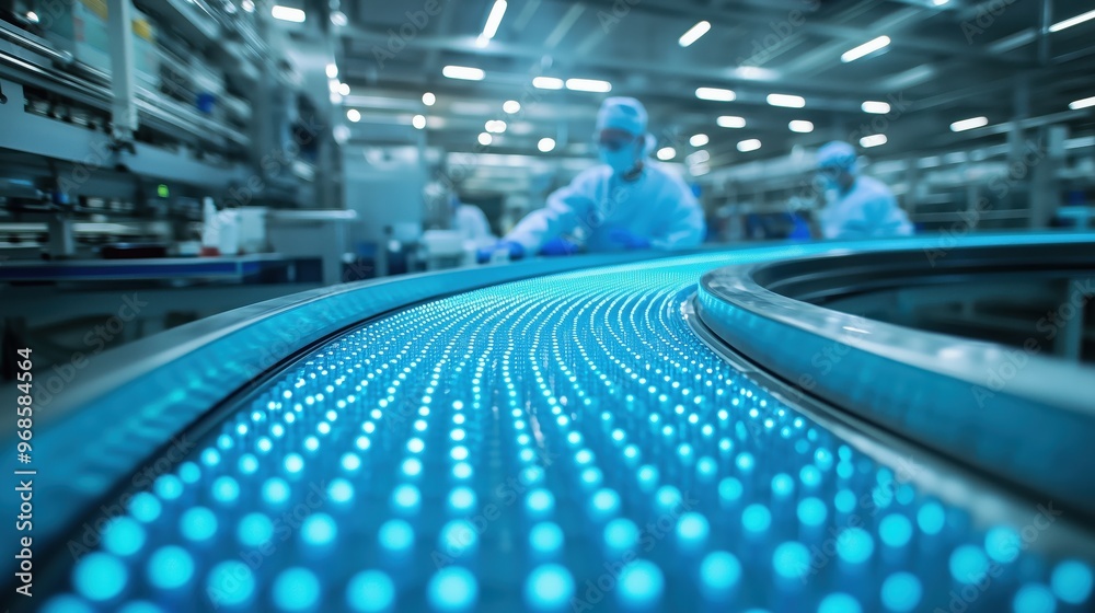 Pharmaceutical Conveyor Belt with Bottles. Conveyor belt system moves ...