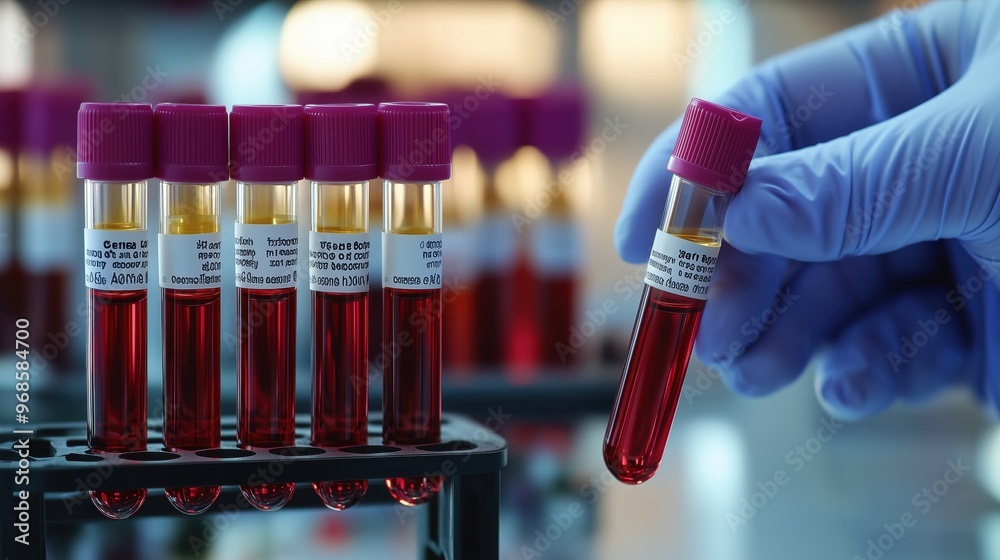 Blood Samples in Vials with Gloved Hand. Gloved hand handles blood ...