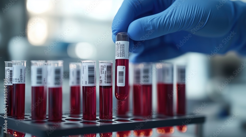Gloved Hand Handling Blood Sample for Testing. Close-up of a gloved ...