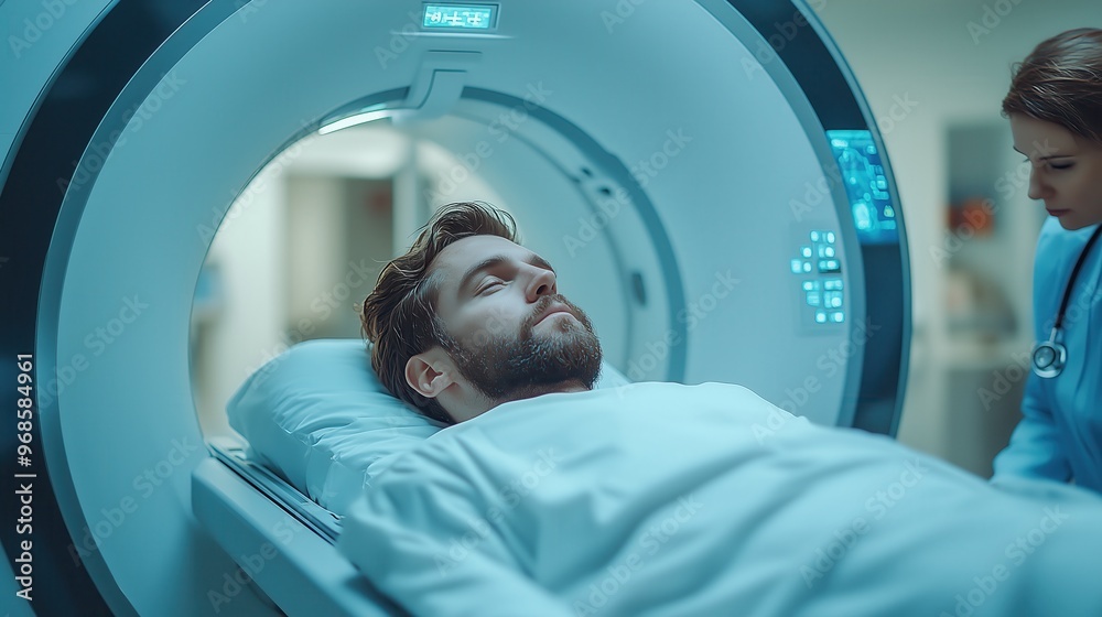 Patient Entering MRI Machine for Scan. Male patient is prepared for an MRI scan, lying inside ...