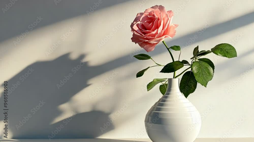 A single pink rose in a simple vase casting elegant shadows on a light ...