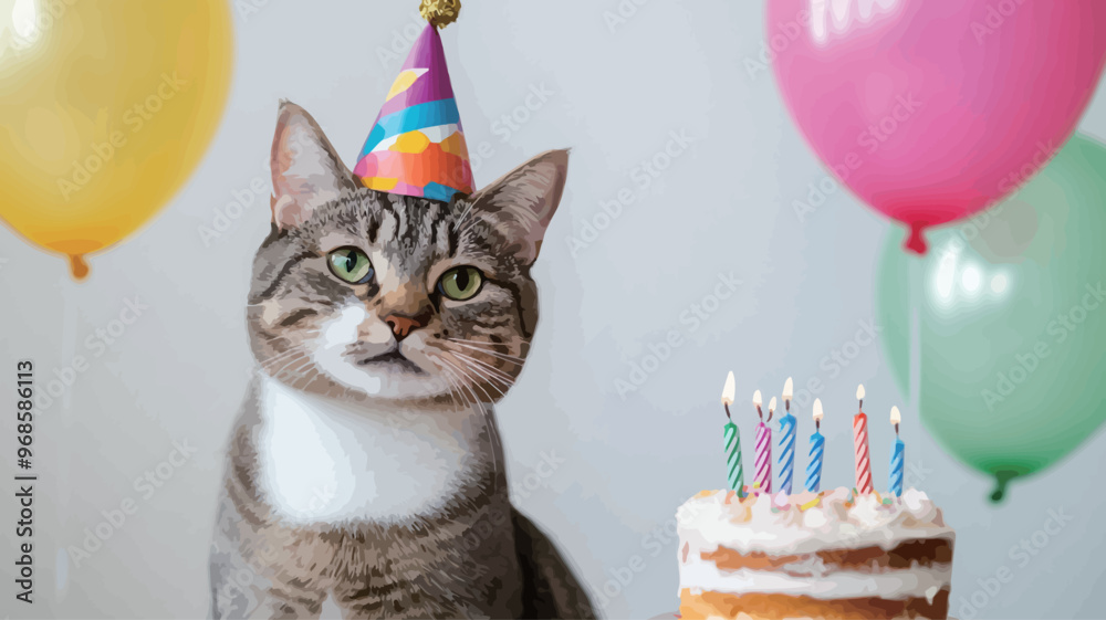 Cute cat with birthday cake and balloons on white background. Selective ...