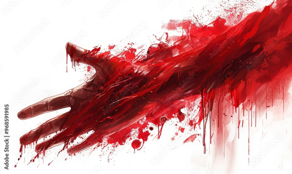 A dramatic and expressive portrayal of a bloodied hand reaching outward ...