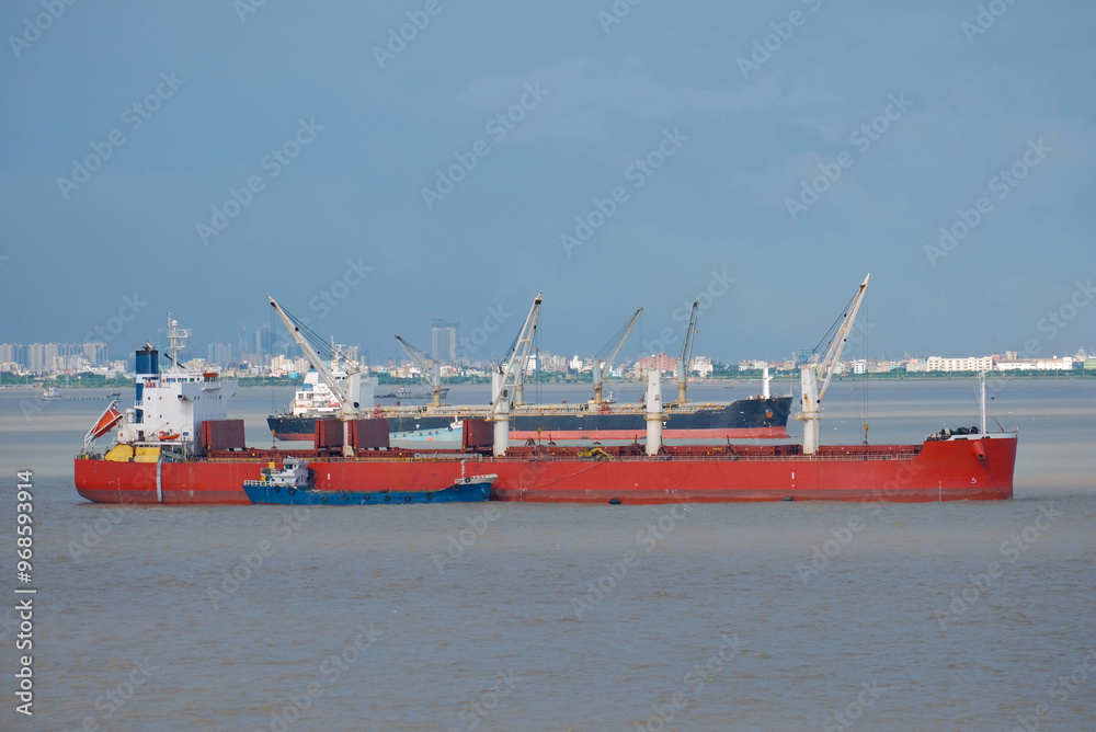 Cargo Ship After Collision At Anchor With Damaged Hull And Wharf Ladder ...