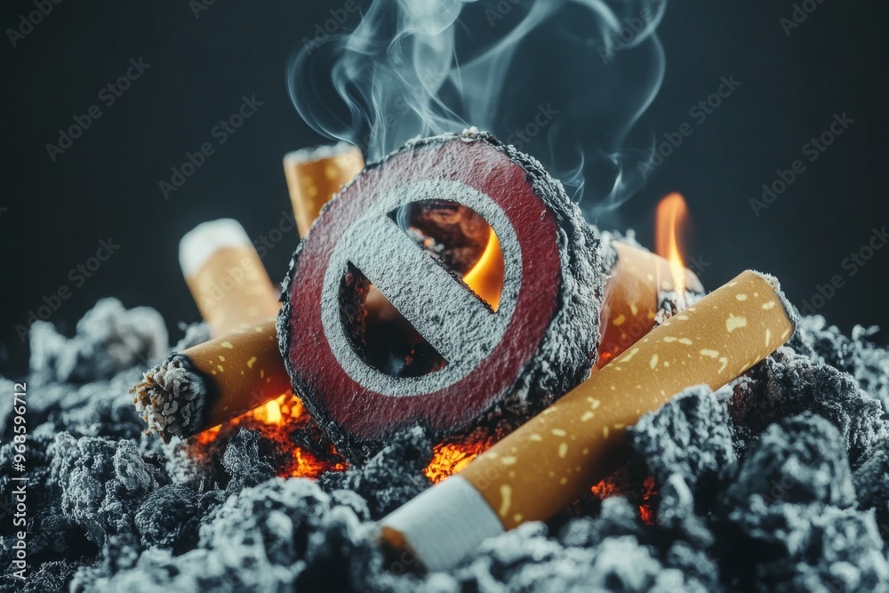 No smoking sign engulfed in flames and cigarette ashes The dangers of ...