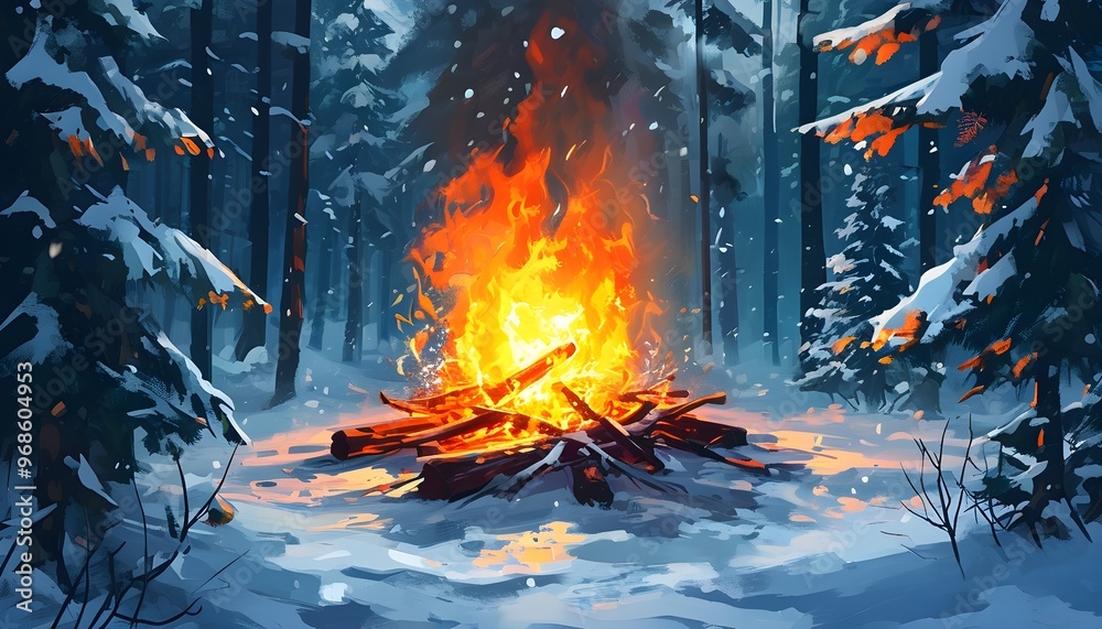 Majestic winter bonfire in a snowy forest, celebrating Yule with ...