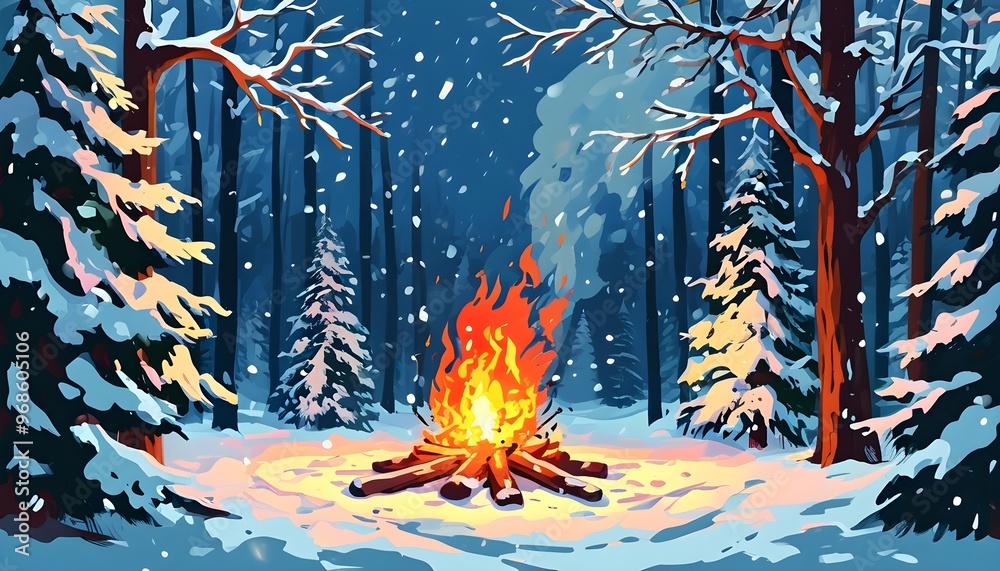 Majestic winter bonfire in a snowy forest, celebrating Yule with ...