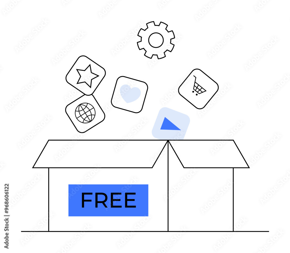 Open box with FREE label and floating app icons like a star, heart ...