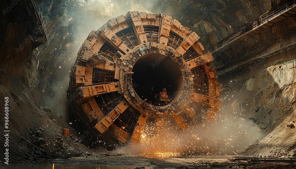 Massive tunnel boring machine carving through the earth, sparks flying ...