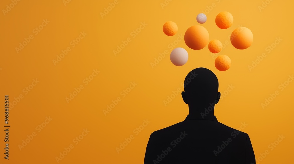 Conceptual image of a silhouette and floating paper balls, representing ...