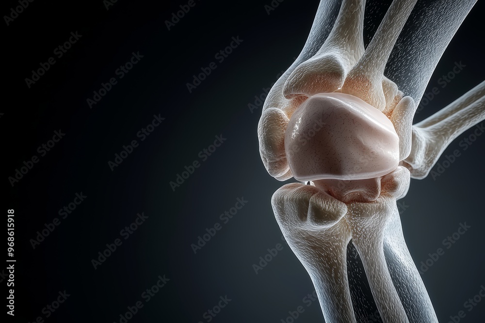 Detailed 3D anatomical rendering of a human knee joint, showing ...