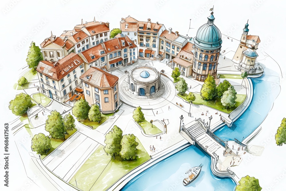 Whimsical, illustrated map of a fictional city, cartography ...