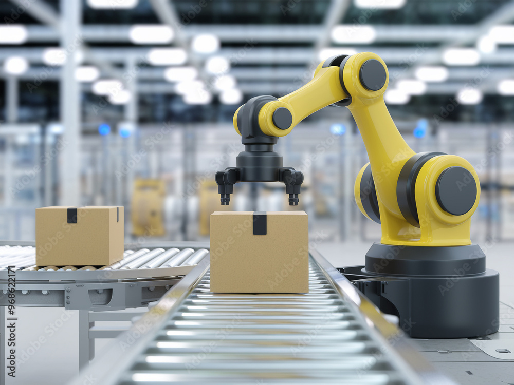Robotic arm automating the packaging process in a modern warehouse ... Robotic arm automating the packaging process in a modern warehouse ...
