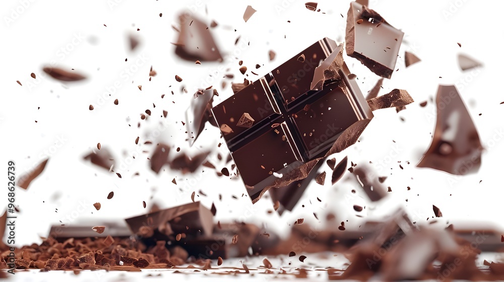 Chocolate bar piece explosion chunk candy broken isolated milk cocoa ...