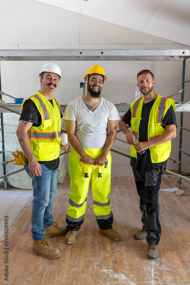 Three skilled construction workers in safety gear joyfully pose on a ...