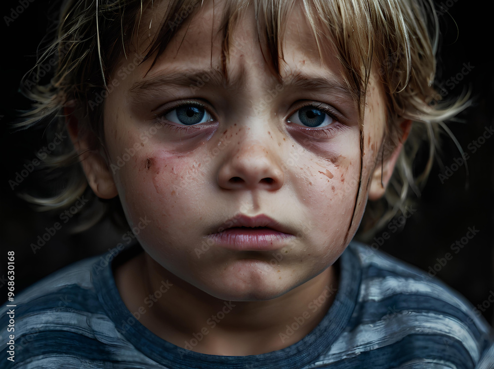 The tear-streaked face of a child, the sadness in their eyes telling a ...